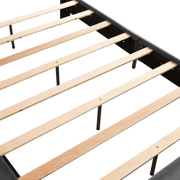 Gray Platform Bed Frame Stitched Button Tufted Wingback Metal Center ...