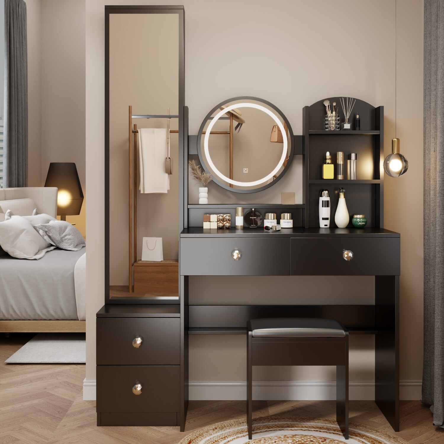 VANTOUL Vanity Desk Set with Round Mirror LED Vanity Table and Cushioned Stool and Full Body Mirror Cabinet Black
