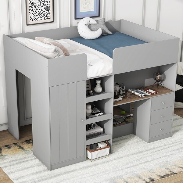 Wood Full Size Loft Bed with Built in Wardrobe Desk Storage Shelves and 3 Drawers Grey