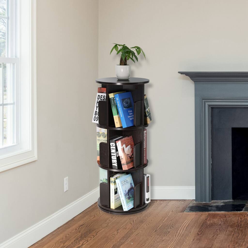 Dark Walnut Wooden 4-Sided Revolving Media Storage Bookcase - 3-Layer ...