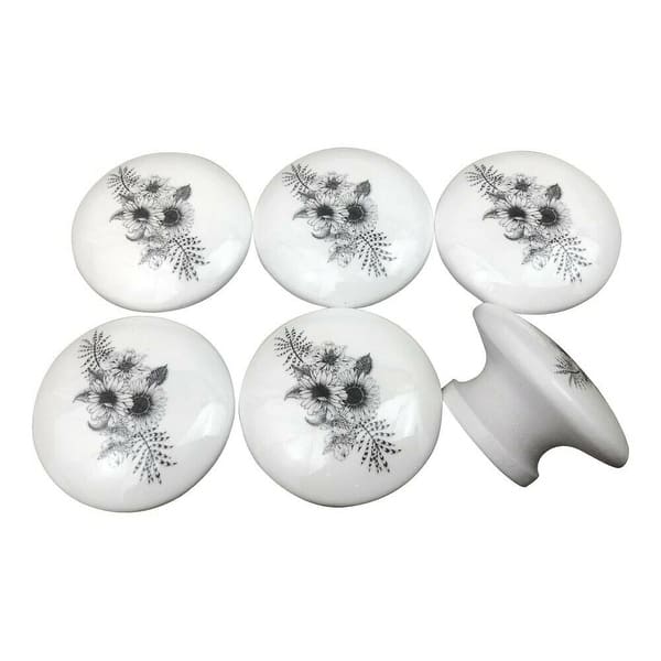 Set 6 Black & White Floral Farmhouse Wood Cabinet Knobs - 1.5" Wide ...