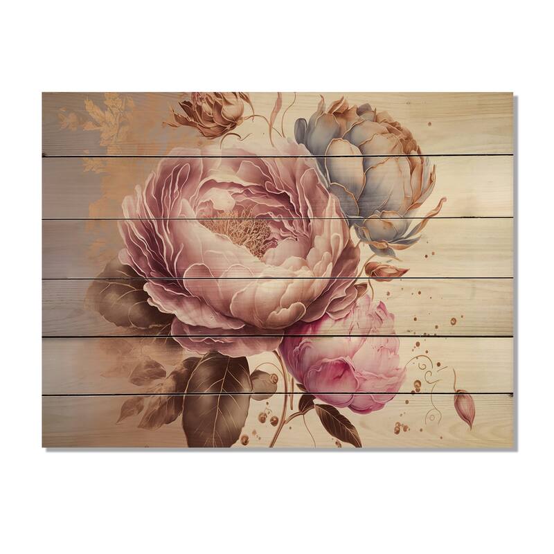 Designart 'Pink And Gold Rose I' Floral Rose Wood Wall Art - Natural ...