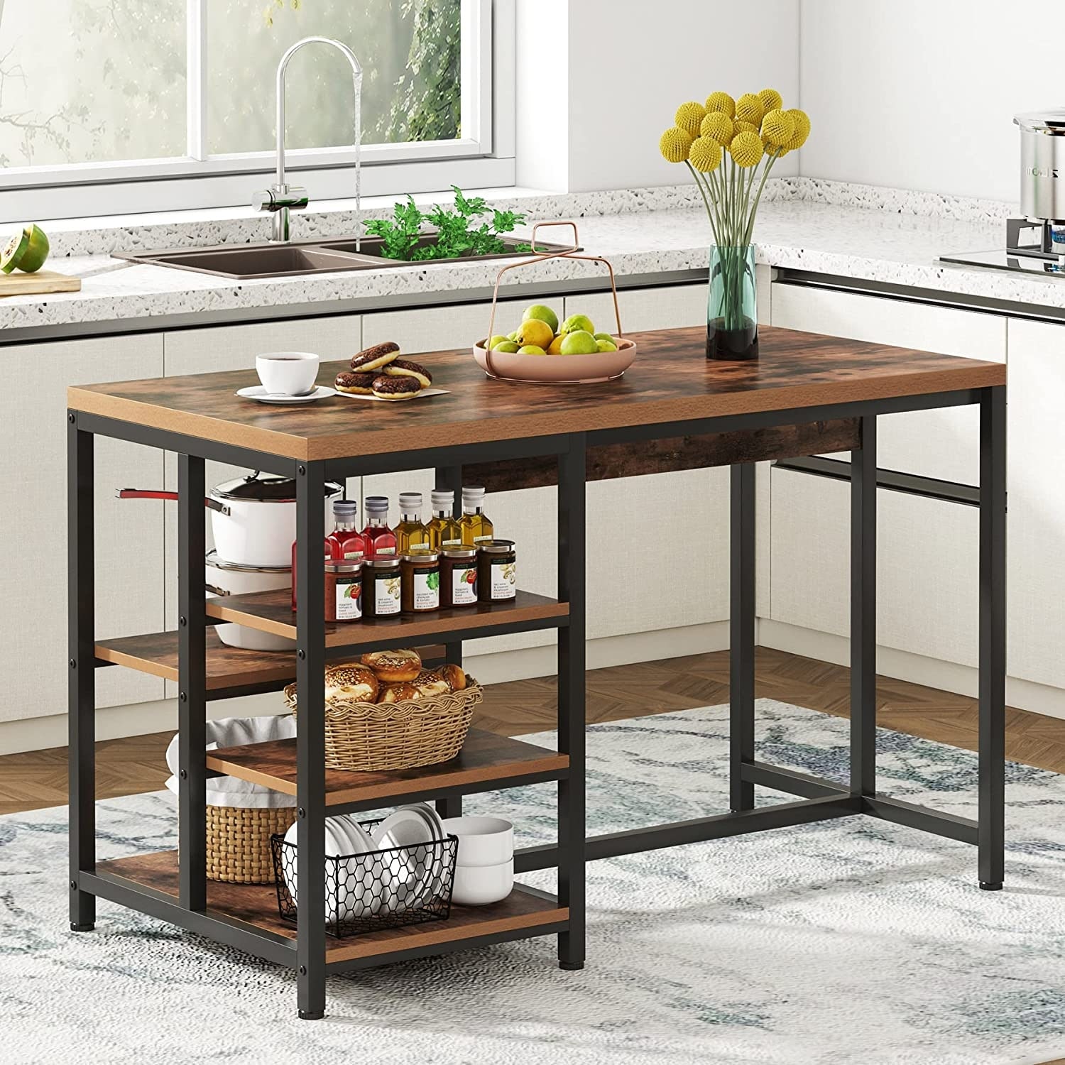 43" Wide Kitchen Island, Kitchen Counter Table with 5 Open Shelves - On ...