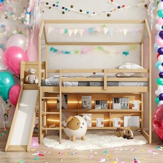 Twin Size Wood House Loft bed with Slide, Storage shelves and Light ...