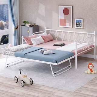 White Full Size Metal Daybed with Twin Size Adjustable Trundle - Bed ...