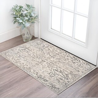 HomeRoots 3' X 5' Ivory Floral Vines Distressed Area Rug - 3' x 5' Oval ...
