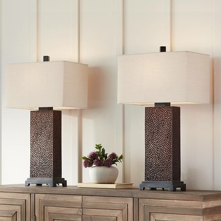 Set of 2 Modern Table Lamps Speckled Brown Rectangular Shade - 14" x 26 ...