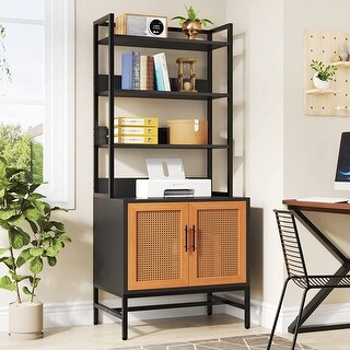 74 Inches Bookshelf with Doors, Tall Bookcase with Rattan Cabinet - Bed ...