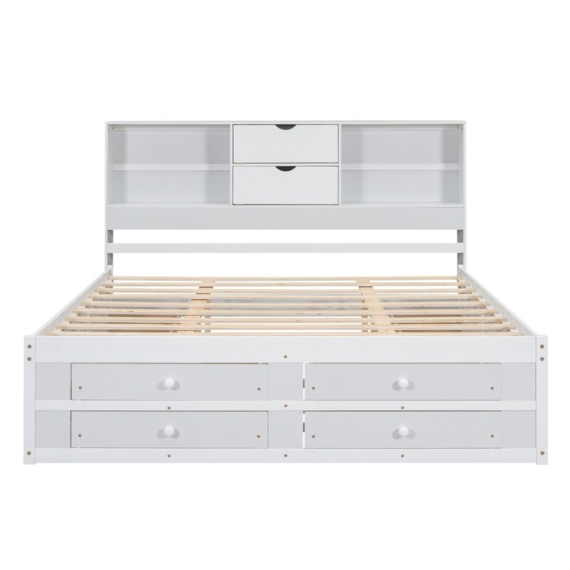Queen King Size Captain Bed with Storage Bookcase Headboard Solid Wood Platform Bed Frame with 8 Storage Drawers and Slats Grey