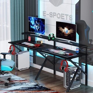 Double Computer Desk with Headphone Hooks Two Person Gaming Desk with ...