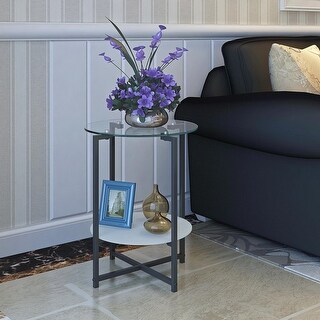 2-layer Round Tempered Glass End Table/Coffee Table with Iron Frame ...