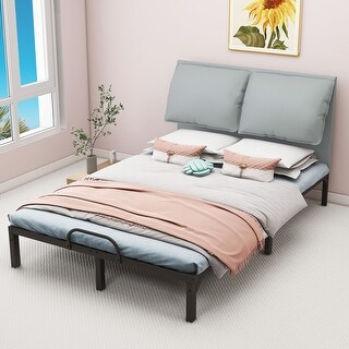 Moasis Full Grey Metal Bed Frame with Pu Leather Upholstered Headboard ...