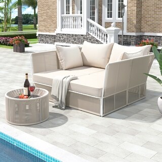 2-Piece Outdoor Patio Daybed Sunbed with Clear Tempered Glass Table ...