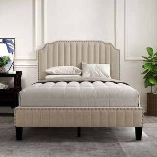 Beige Full Size Camelback Upholstered Bed: Head/Footboard, Hardwood ...