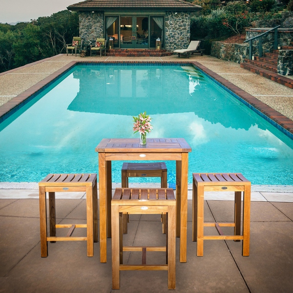 Chic Teak 5 Piece Teak Wood Seville Small Counter Height Patio Bistro Dining Set 4 Counters Stools and 27 Square Table Bed Bath Beyond 31299749
