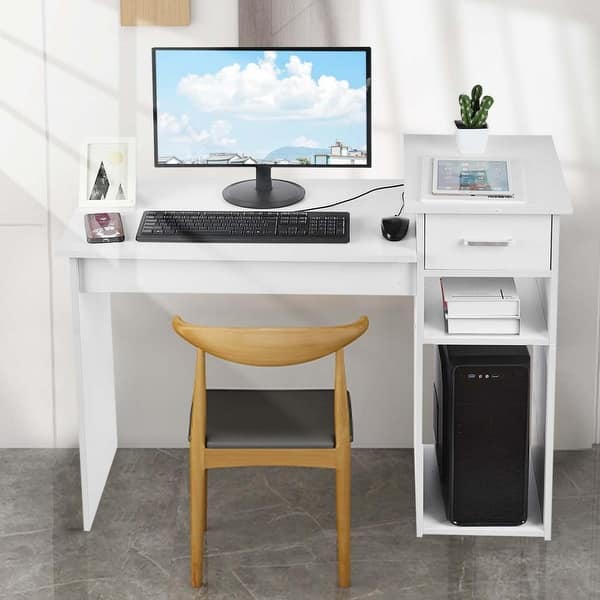 Compact Computer Desk With Drawers And Shelves For Small Space Office ...