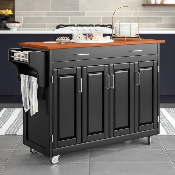 Copper Grove Puff Island Black Finish with Oak Top Kitchen Cart - Bed ...