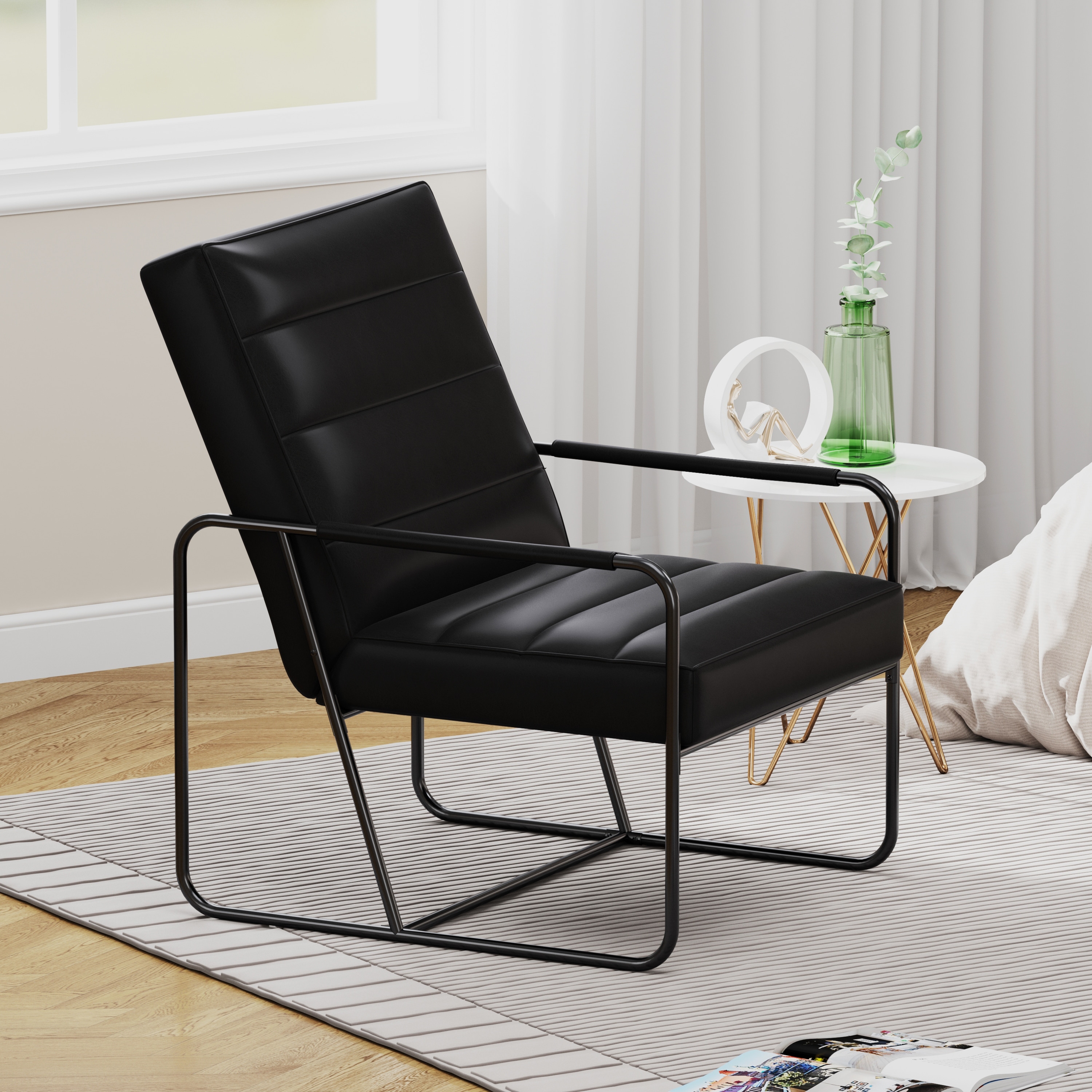 Modern Metal Framed Armchair with Technical Leather Executive Chairs Comfortable Indoor Lounge Accent Chair for Living Room