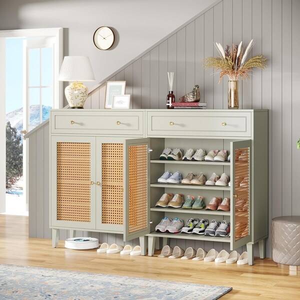 Bluebell Shoe Cabinet with Doors and Drawer Modern Rattan Shoe Storage Cabinet for Entryway Mint Green