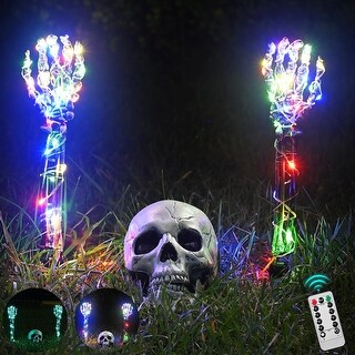 Halloween Lighted Skeleton Set, Skull Arm Stakes with 1 Remote Green ...