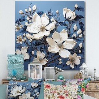 Designart "Elegant White And Blue Magnolias Serenity I" Magnolias Wall ...