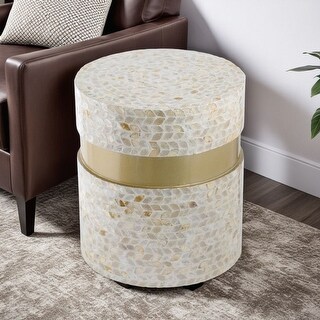 16 Inch Stool Table, Wood, Capiz Shell Leaf Inlay, Modern, Gold Band ...