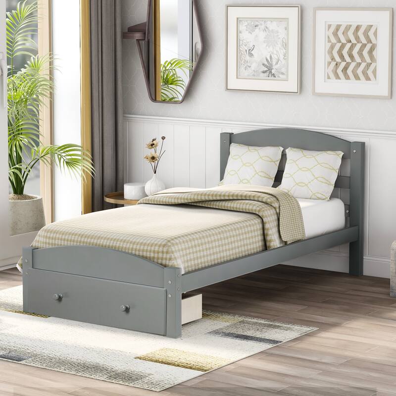 Nestfair Twin Size Platform Bed with Headboard and Drawer - Overstock ...
