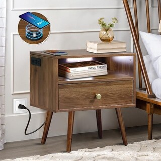 Wood Wireless Charging Bedside Table with LED Light - Bed Bath & Beyond ...