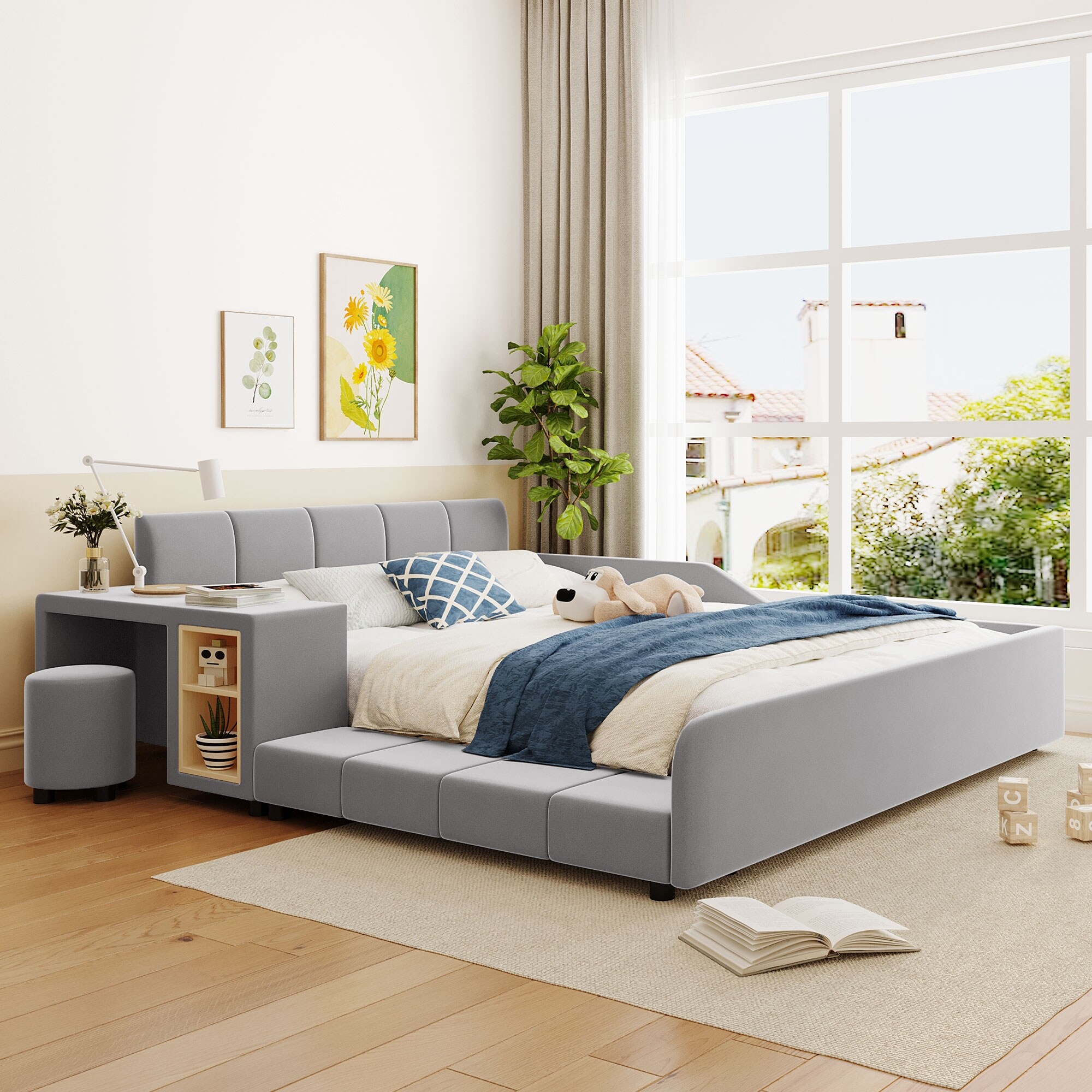 Queen Upholstered Grounded Bed with Guardrail Velvet Mother Child Platform Bedframe w Bedside Desk Little Round Stool Grey