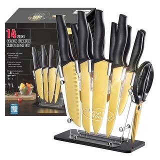 Gold Knife Set With Block KYA23, 14 Pieces Stainless Steel Chef Cutlery ...