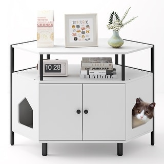 Gymax Corner Cat Litter Box Enclosure End Table w/ Open Shelf 2 - Bed ...