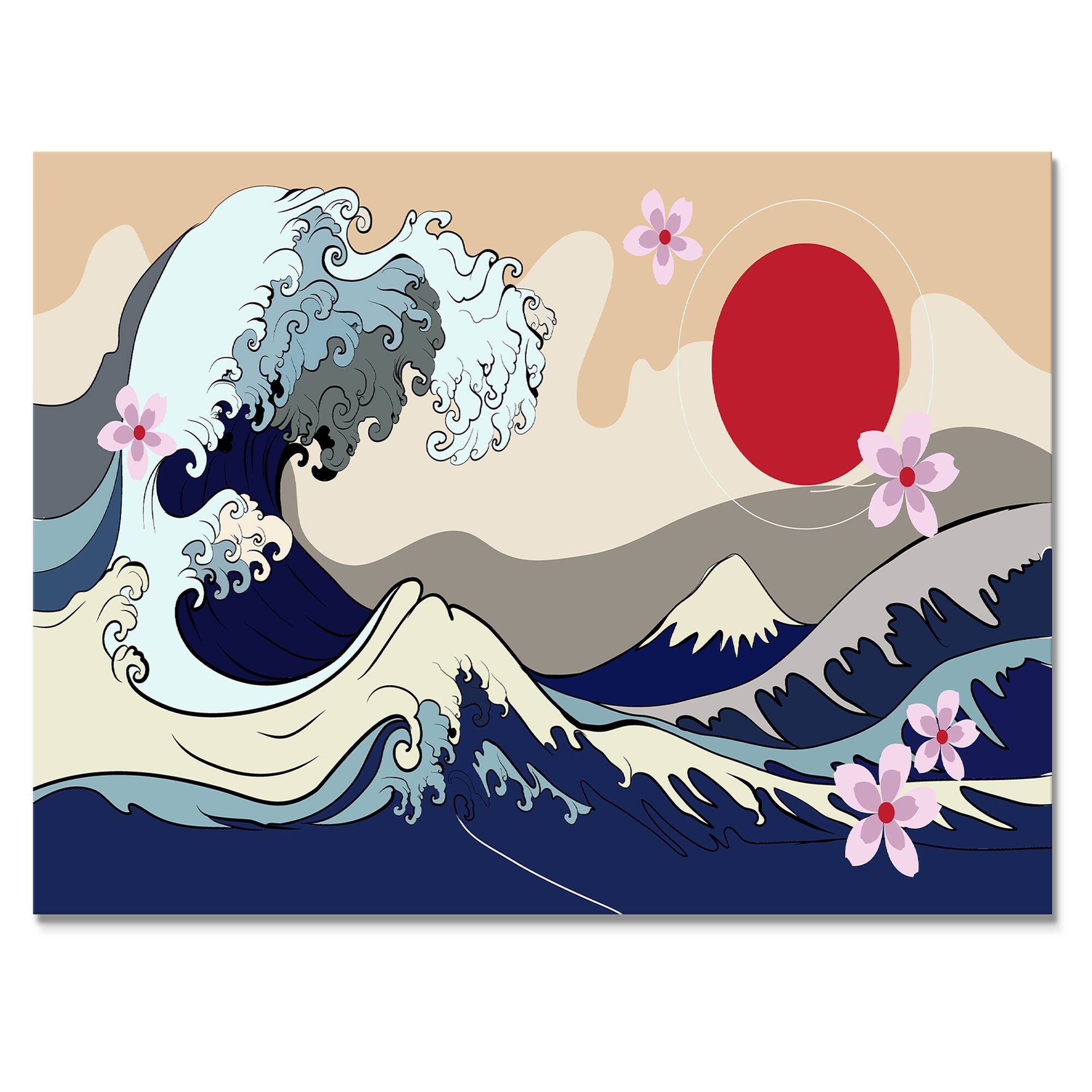 Designart "Traditional Japanese Red Moon And Waves" Traditional Canvas ...