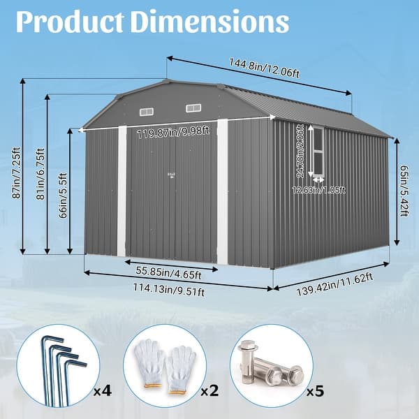 10x12 FT Gray Outdoor Storage Shed, Heavy Duty Rust-Resistant Steel ...