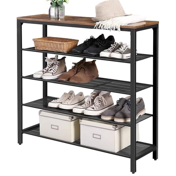 Black-Brown Metal-Wood Shoe Rack with 4 Shelves and Rustic Top Surface ...