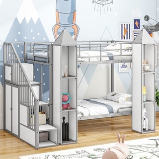Gray White Twin Bunk Metal Bed with Storage Staircase, Wardrobe ...