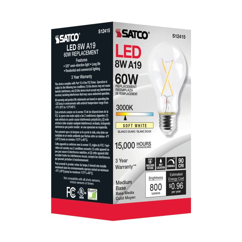8 Watt LED A19 Clear Medium Base 3000K 90 CRI 120 Volt - N/A - Bed Bath & Beyond - 33705268