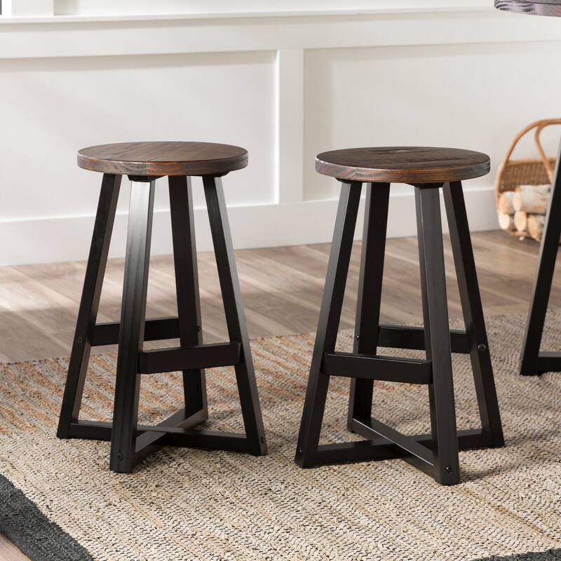 Walker Edison Round 24-inch Distressed Solid Wood Counter Stool (Set of ...
