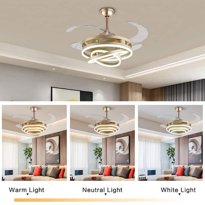 42" LED Ceiling Fan Remote Lamp Retractable Blades 3-Color Chandelier ...