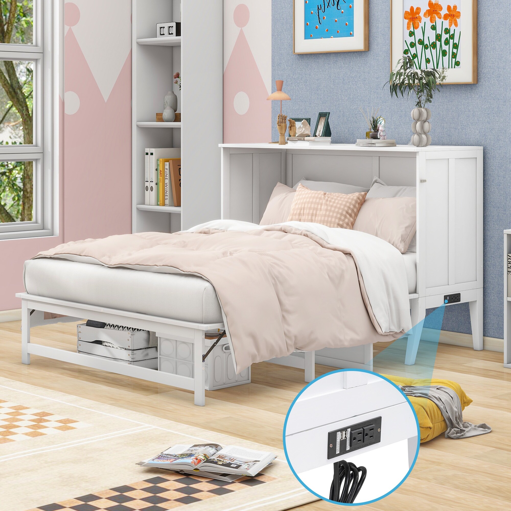 Queen storage murphy bed with mattress store