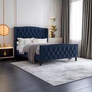 Blue Queen Size Modern Upholstered Velvet Bed with Wingback Headboard ...