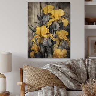 Designart "Yellow Grey Petal Of Iris I" Floral Print on Natural Pine ...