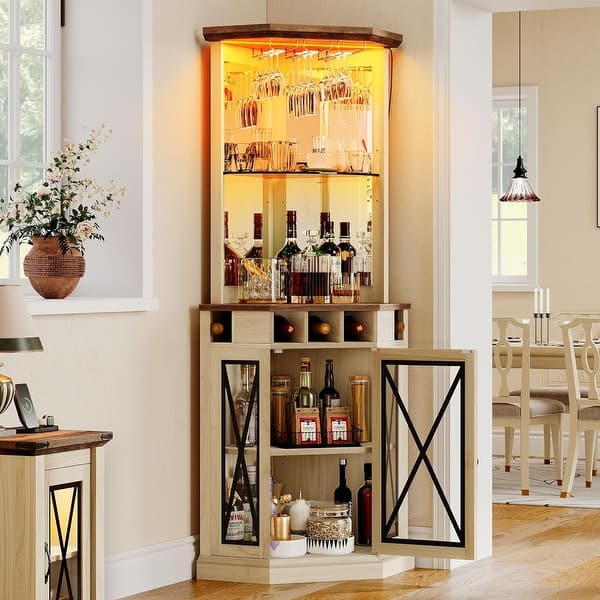 Moasis 72" Corner LED Bar Cabinet with Glass Holder, Wine Rack with ...