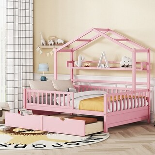 Pink Wooden Full Size House Bed with 2 Drawers,Kids' Bed with Storage ...