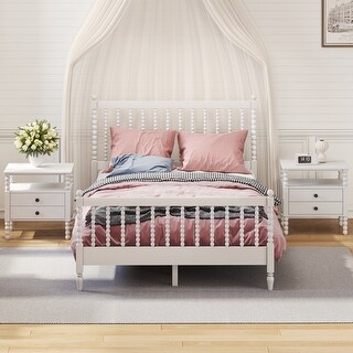 3 Pieces Full Size White Wood Platform Bed With Gourd Shaped Headboard ...