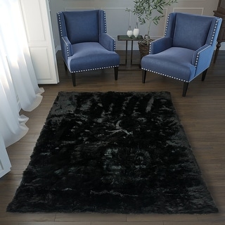 RugBerry Black Faux Sheepskin Shag Area Rug Soft Shaggy Carpet - Bed ...