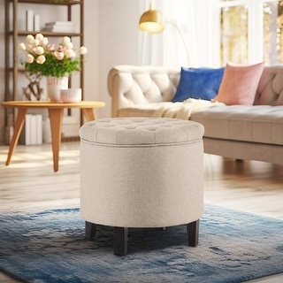 Belleze Button Tufted Storage Ottoman Lift Top Footstool Round, Beige ...