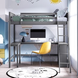 Nishi Twin size Wooden Loft Bed with Desk and Shelves - Bed Bath ...