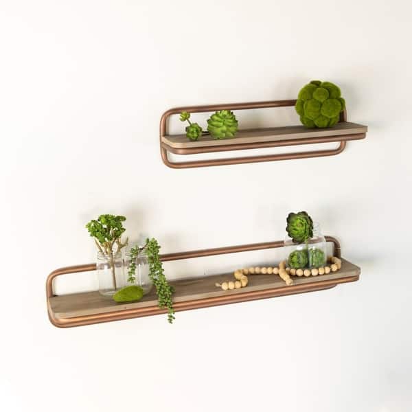 Floating Shelves Set/2 Copper Metal Wood - Copper/Natural - 36.00 x 7. ...