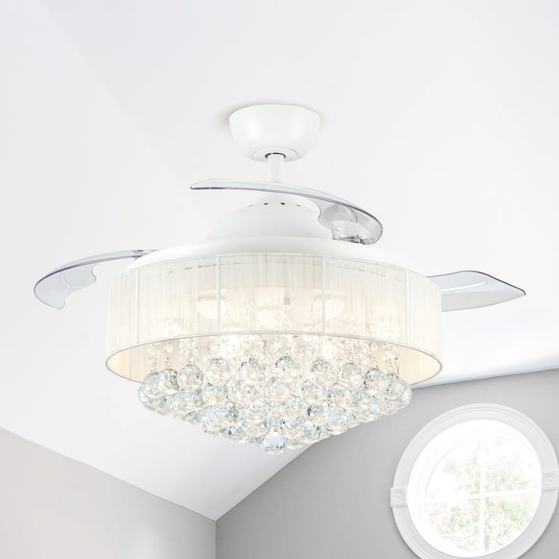 42-inch White Crystal Retractable 3-Blade LED Ceiling Fan with Remote ...