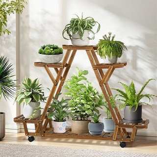 Movable Outdoor Ladder Plant Stand Garden Wood Rack with 6 Tiers - Bed ...